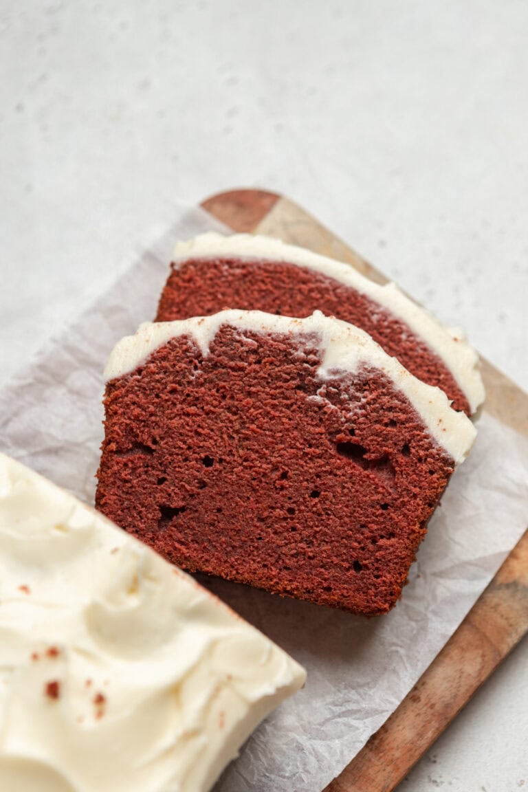 Red Velvet Loaf Cake with Cream Cheese Frosting – Dollop of Dough